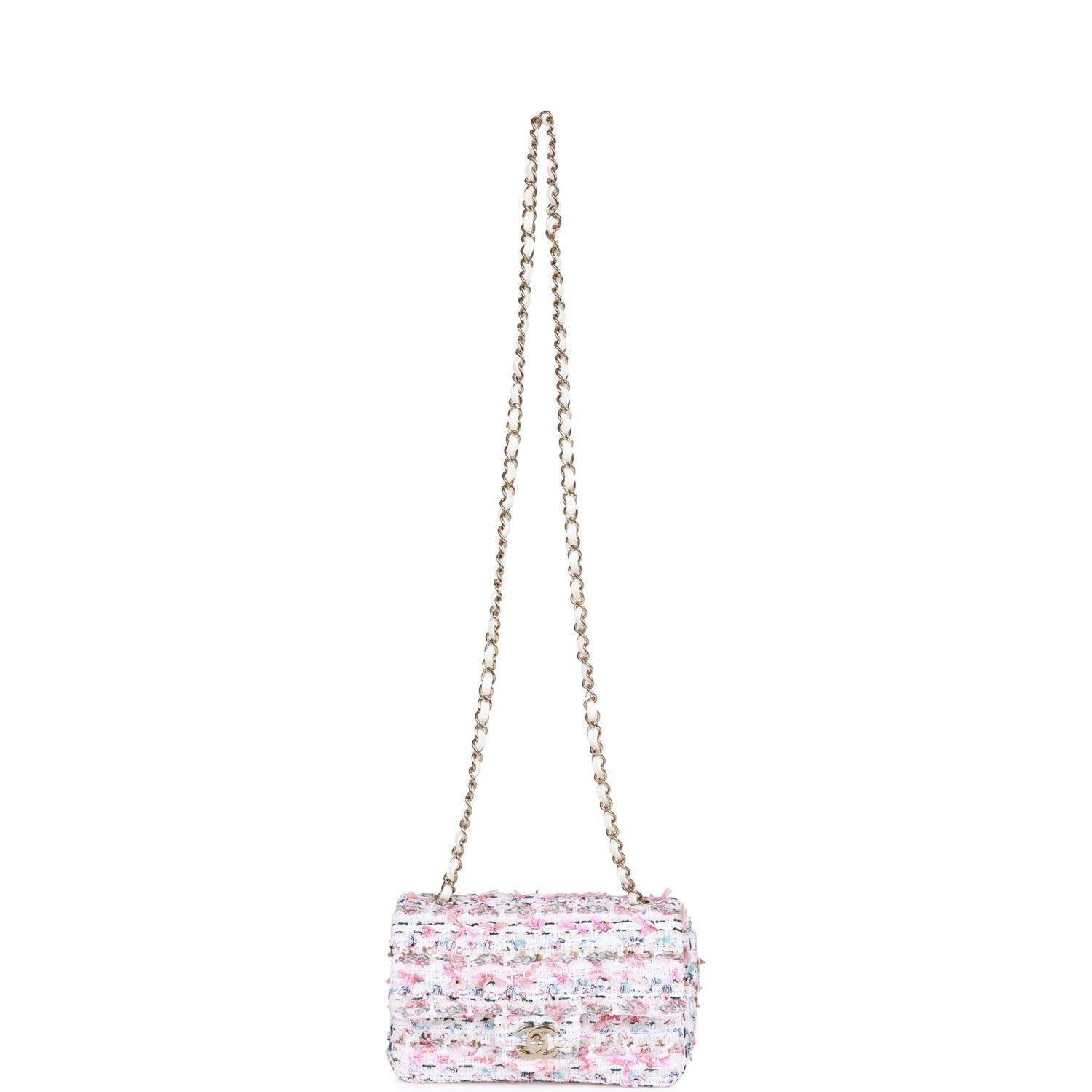 Chanel Mini Rectangular Flap Bag White Tweed Light Gold Hardware