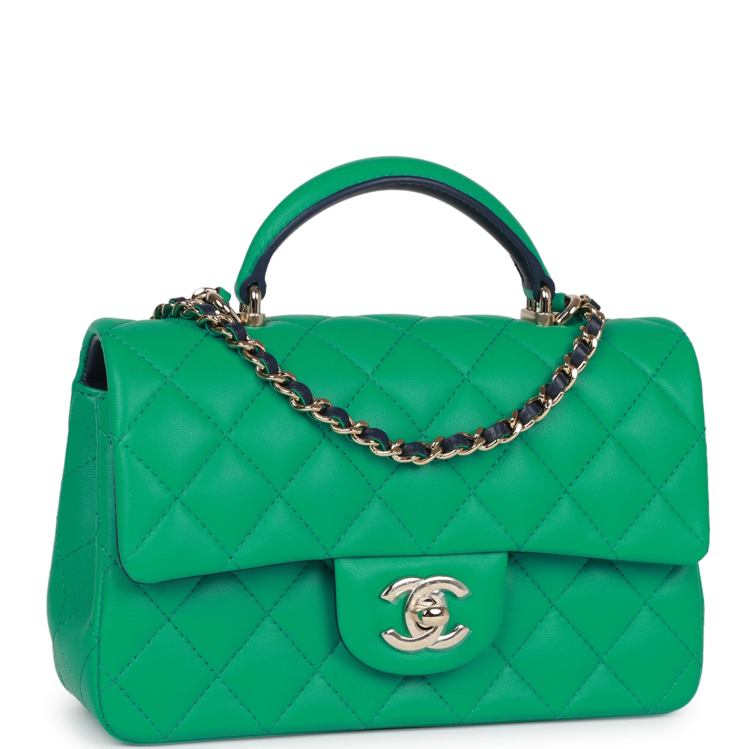 Chanel Mini Rectangular Flap with Top Handle Green and Navy Blue Lambs