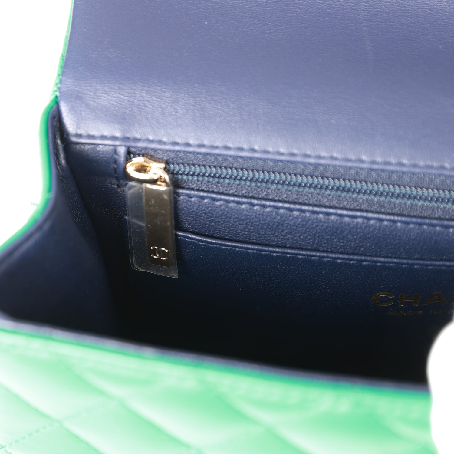 Chanel Mini Rectangular Flap with Top Handle Green and Navy Blue Lambs