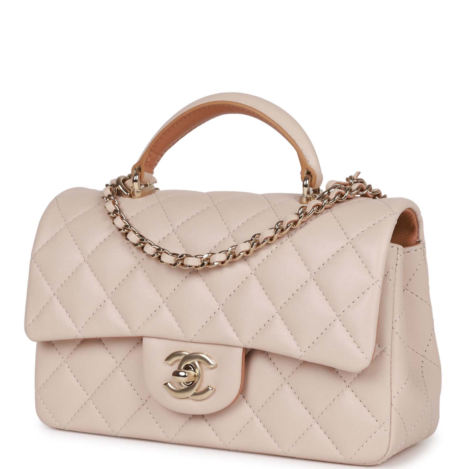 Chanel Mini Flap with Top Handle Beige and Caramel Lambskin Light Gold