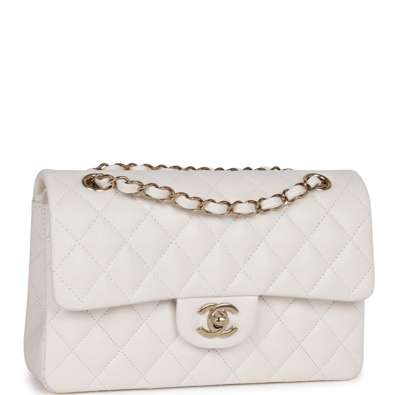 Chanel Small Classic Double Flap Bag White Caviar Light Gold Hardware