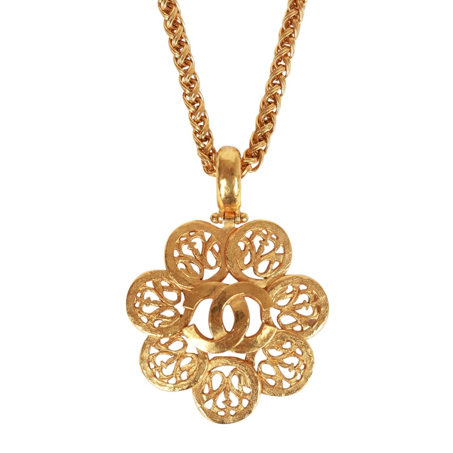 Vintage Chanel 24K Gold Plated Large Byzantine Flower CC Pendant Neckl