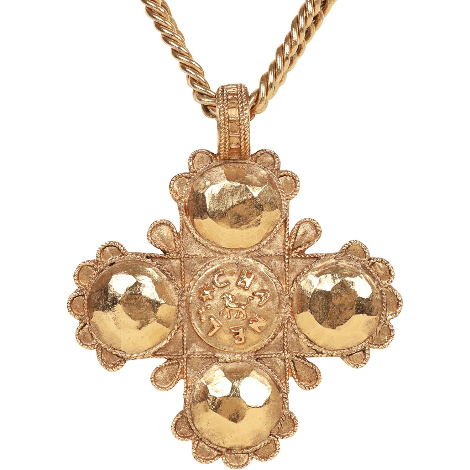 Vintage Chanel 24K Gold Plated Lion Cross Pendant Necklace