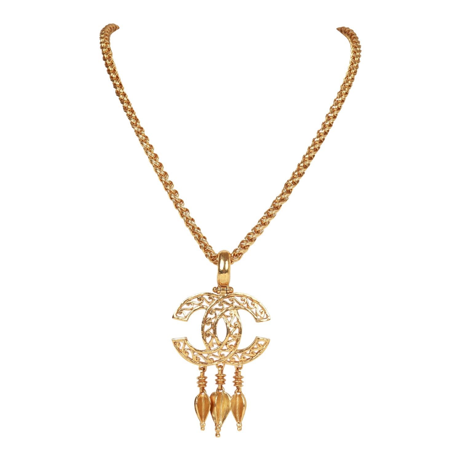 Vintage Chanel Gold Plated Fringe CC Pendant Necklace