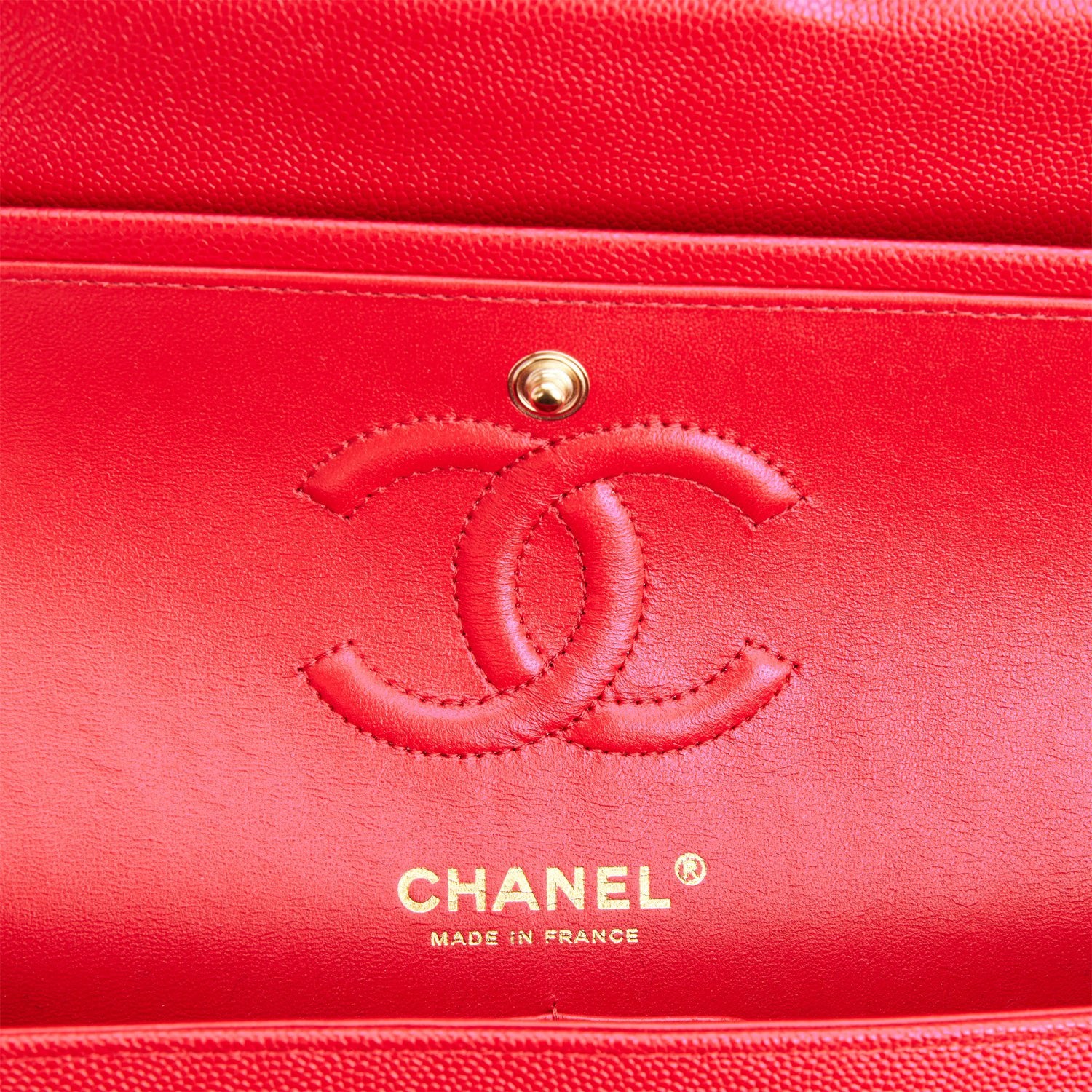 Chanel Red Caviar Small Classic Double Flap Bag Light Gold Hardware