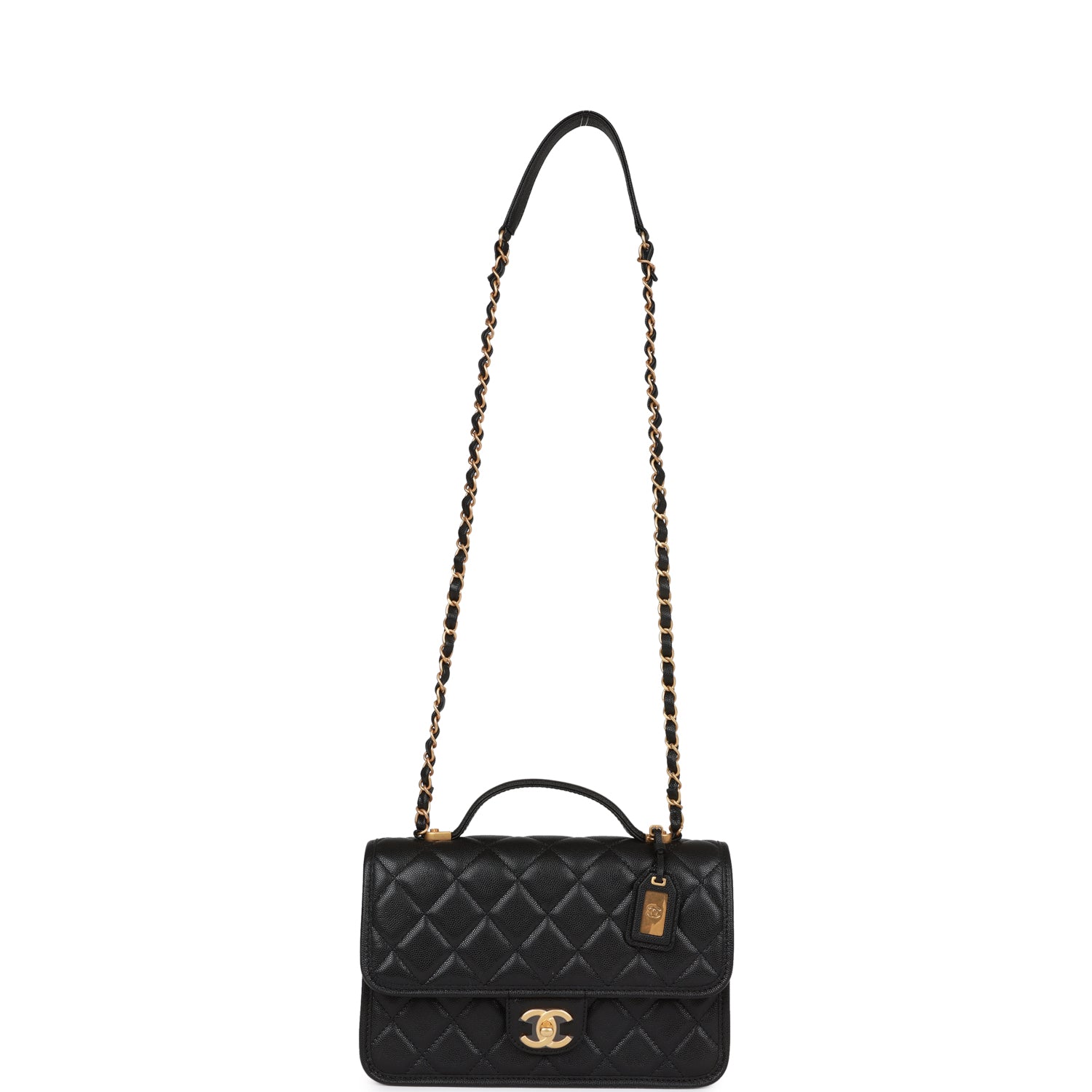 Chanel School Memory Top Handle Flap Bag Black Caviar Antique Gold Har