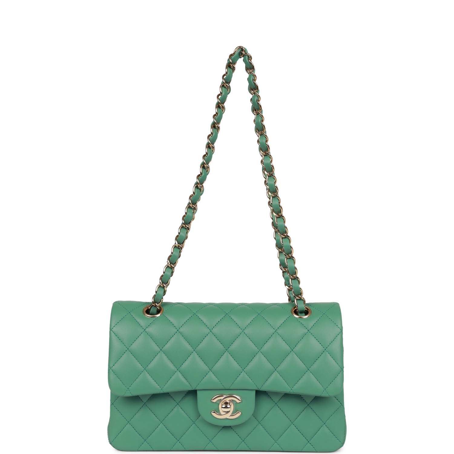 Chanel Green Lambskin Small Classic Double Flap Light Gold Hardware