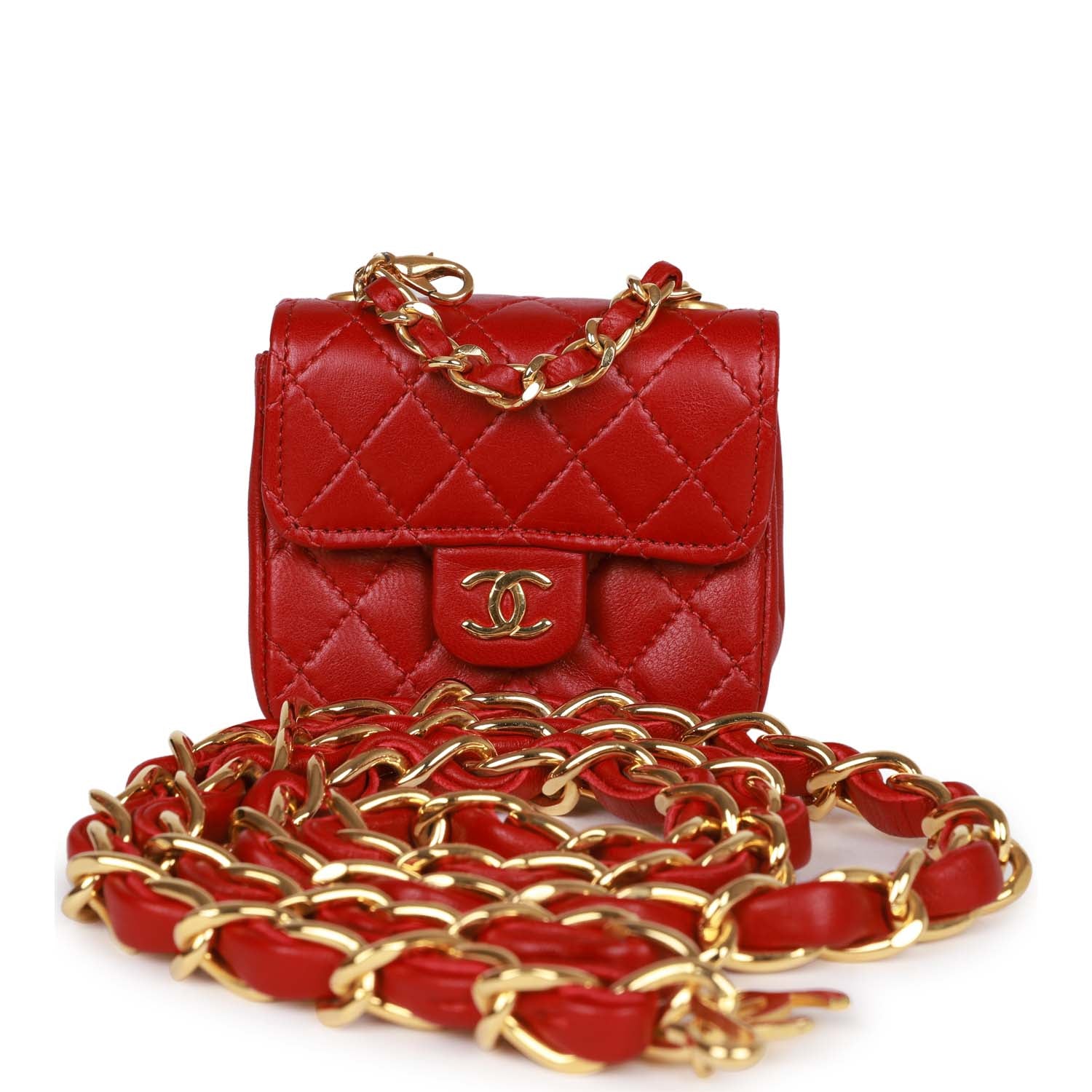 Vintage Chanel Micro Belt Flap Bag Red Lambskin Gold Hardware – Madison ...