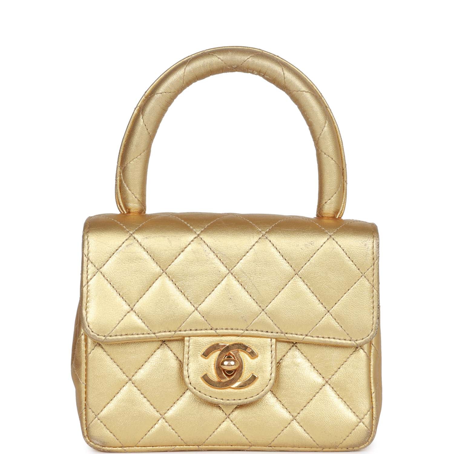Vintage Chanel Mini Top Handle Kelly Child Flap Bag Gold Metallic Lamb
