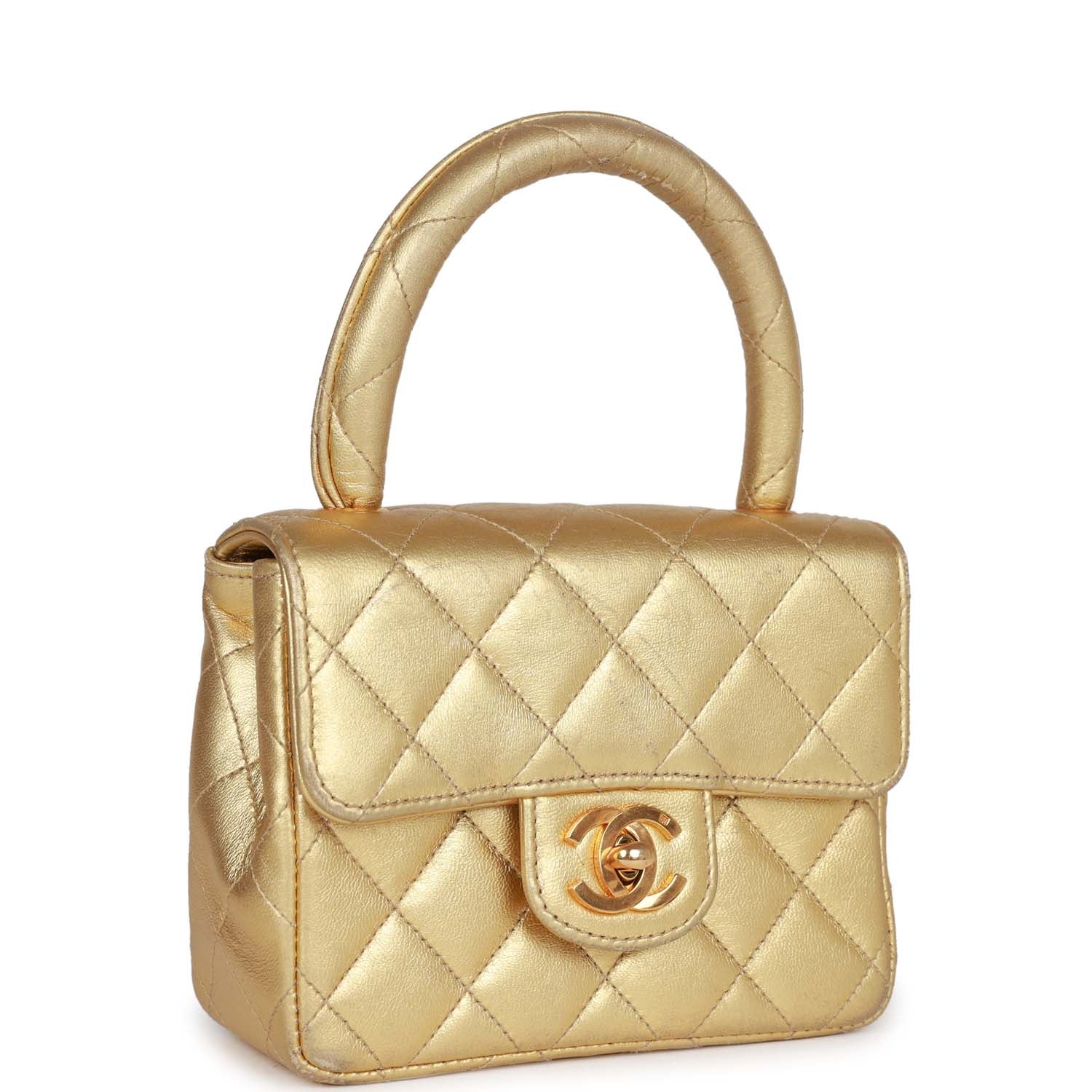 Vintage Chanel Mini Top Handle Kelly Child Flap Bag Gold Metallic Lamb