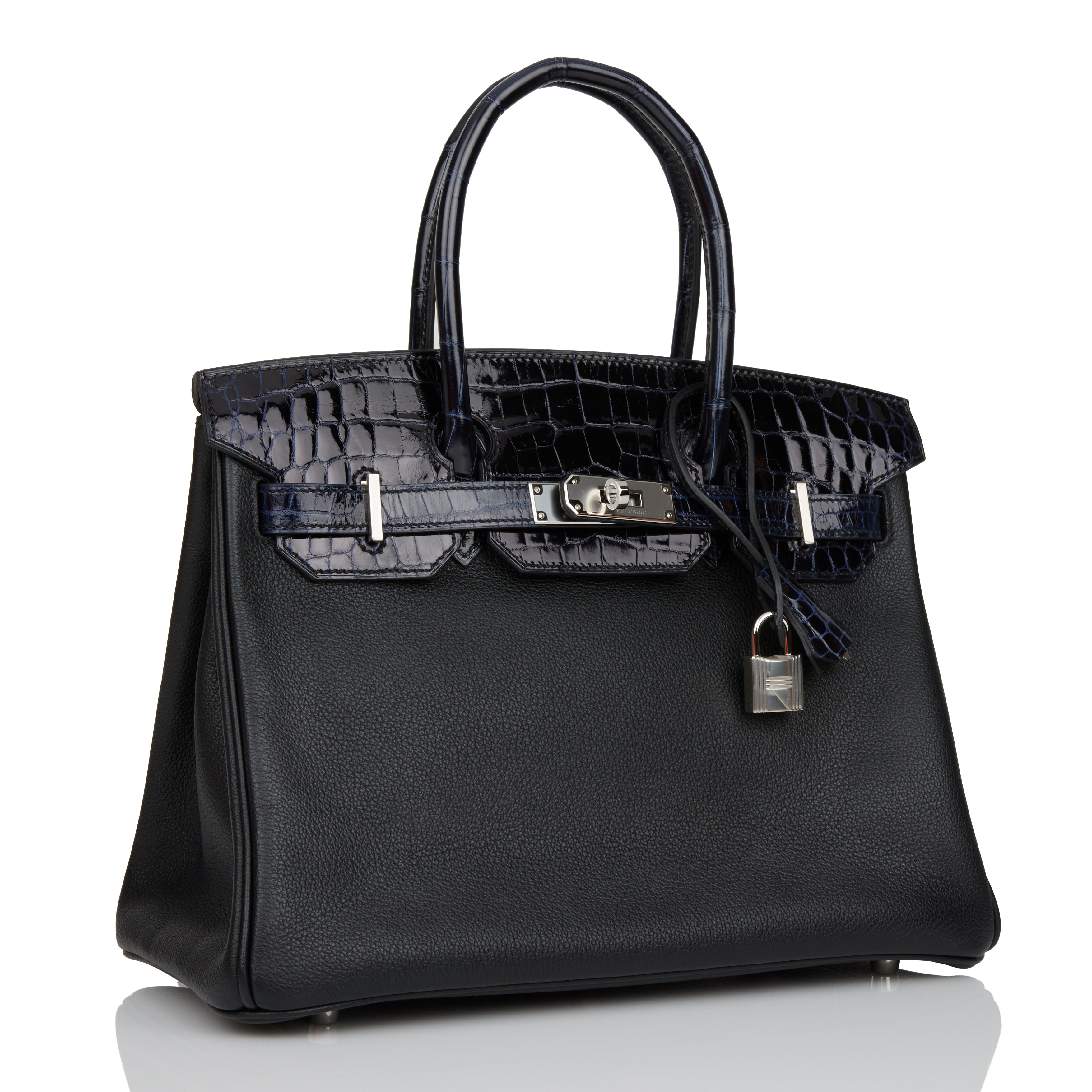 Hermes Birkin 30 Bleu Marine Shiny Niloticus Crocodile and Black Novil