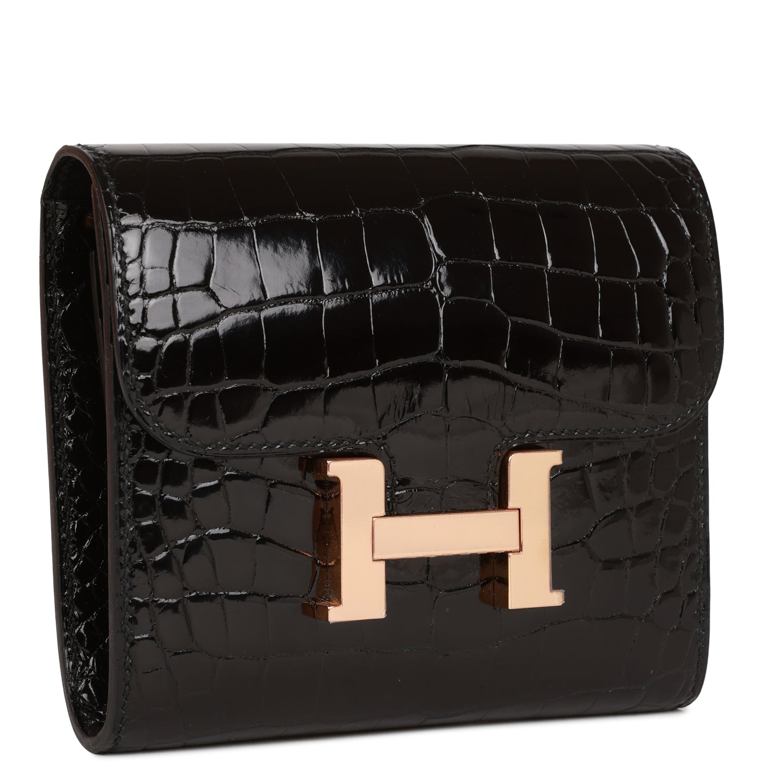 Hermes Constance Compact Wallet Black Shiny Alligator Rose Gold Hardwa ...