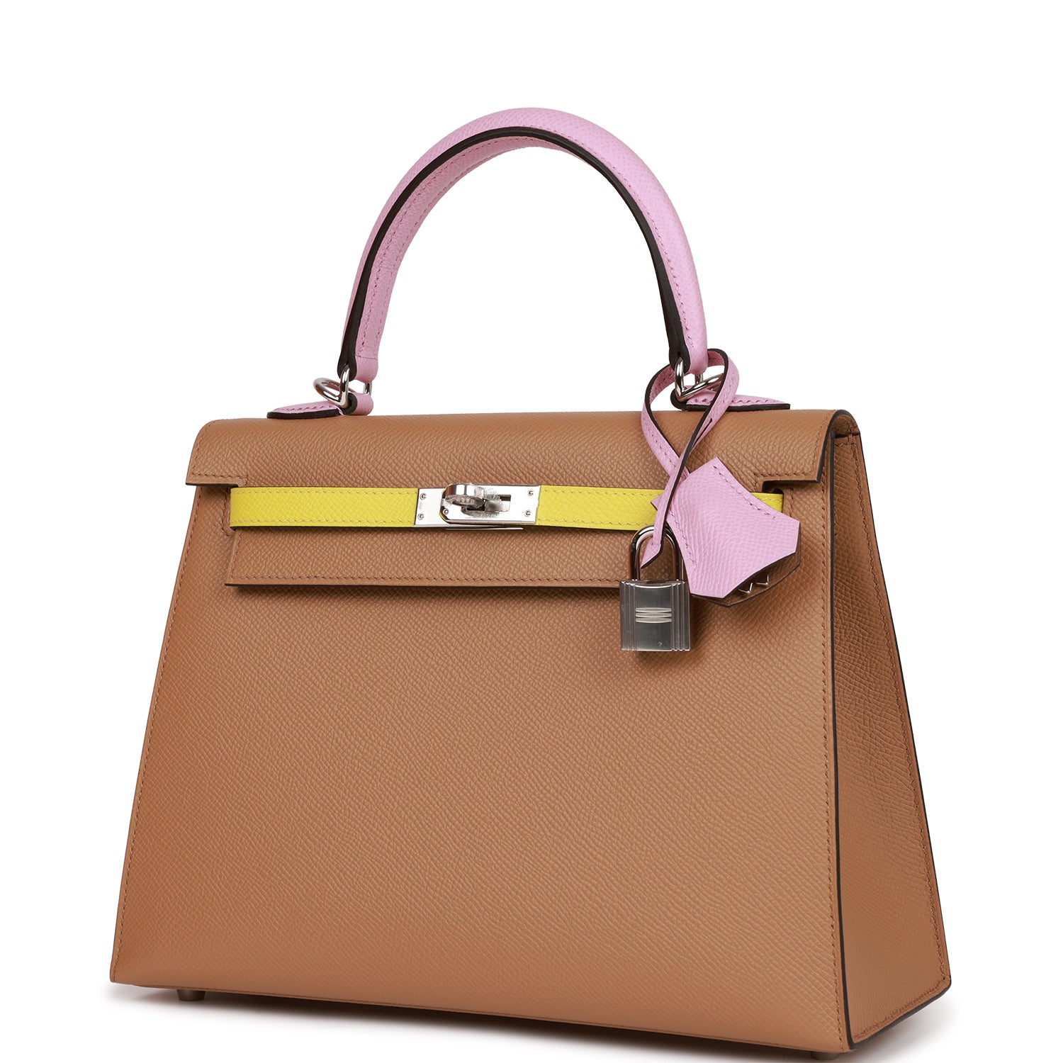 Hermes Kelly Sellier 25 Tri-Color Chai, Lime & Mauve Sylvestre Epsom