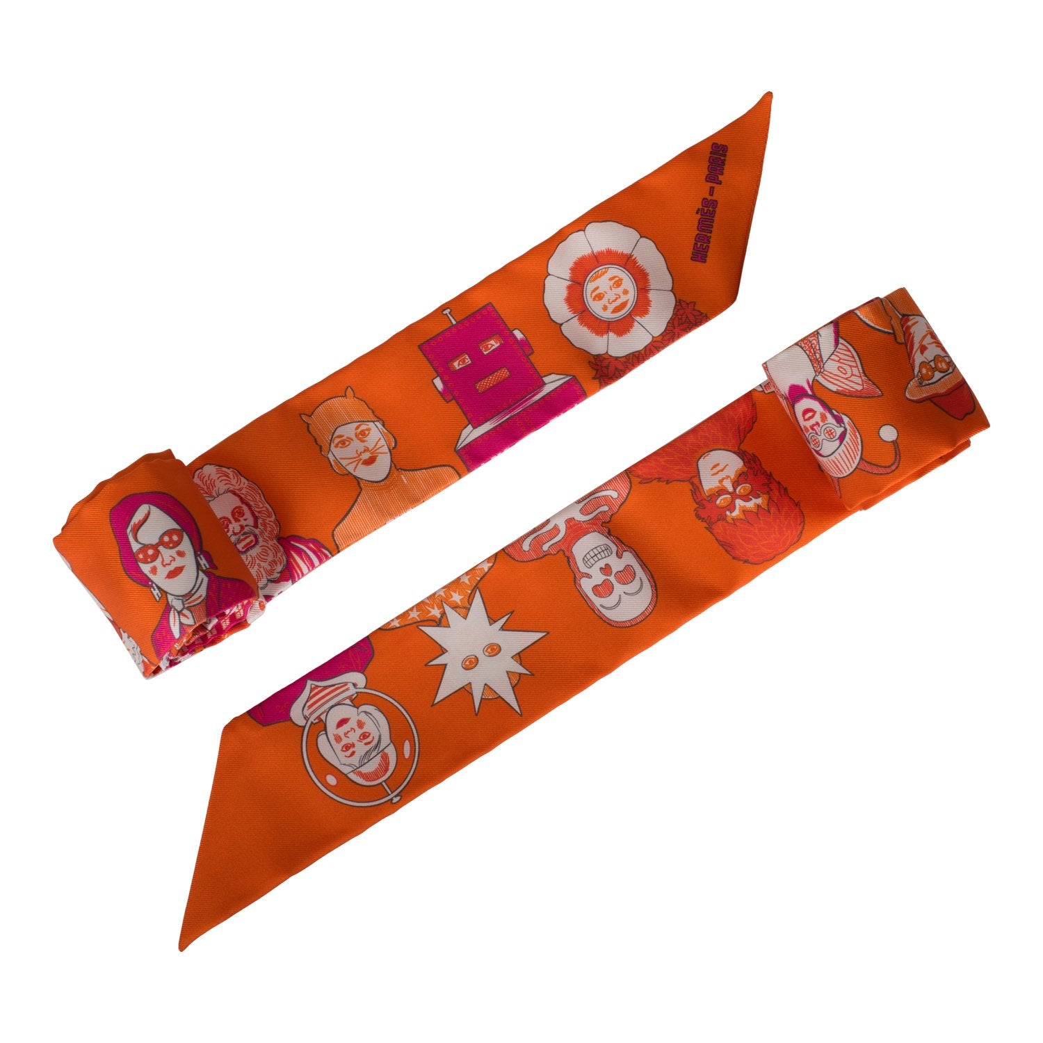 Hermes "Dress Code" Orange Silk Twilly Pair